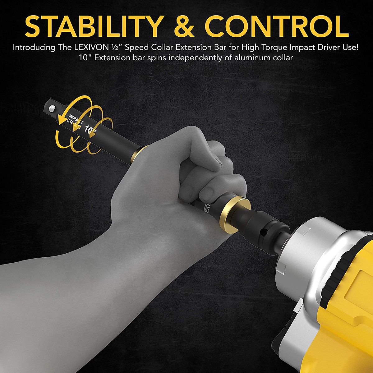 LEXIVON 1/2" Impact Driver Speed Collar 10" Impact Extension Bar | Adjustable 3-Position Aluminum Spinning Handle, Cr-Mo Steel Extension = Fully Impact Grade (LX-116)