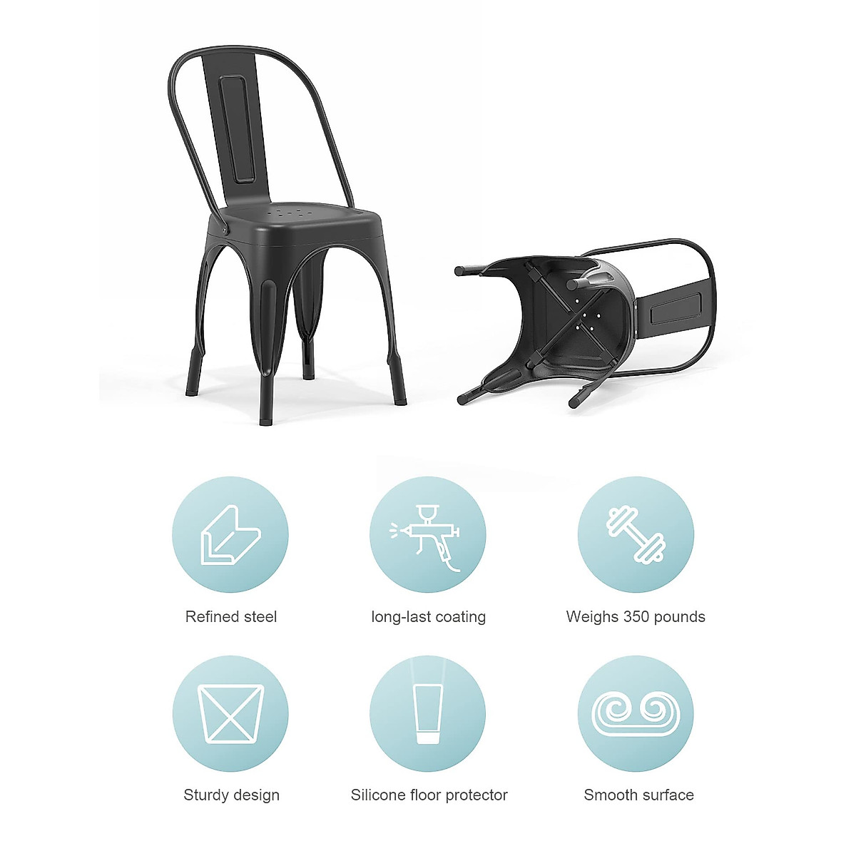 Nazhura Metal Dining Chair Farmhouse Tolix Style for Kitchen Dining Room Café Restaurant Bistro Patio, 18 Inch, Stackable, Waterproof Indoor/Outdoor (Sets of 4) (Black)