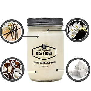 Nika's Home Vanilla Sugar Soy Candle 12oz Mason Jar Non-Toxic White Soy Handmade, Long Burning 50-60 Hours Highly Scented All Natural, Clean Burning Large Candle Gift Décor
