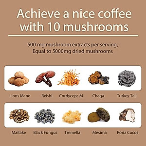 Mushroom Coffee - 36 Servings, Instant Coffee Mix Includes 10 Mushrooms Extract Powder
