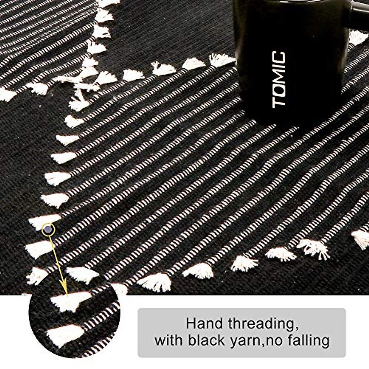 Boho Kitchen Rugs,2'x4.3' Washable Black Bathroom Rug Runner, Cotton Woven Tassels Diamond Soft Indoor Mat Hallways Carpet for Laundry Entryway