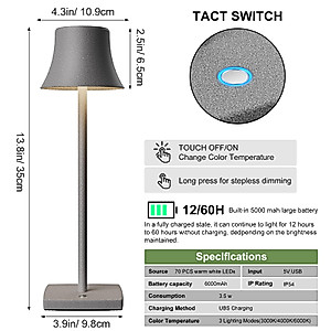 YIBEN Cordless Table Lamp, Rechargeable Battery 5000mAh Metal Aluminum Housing USB LED Portable Powered Desk Lamp, 2 Levels Brightness Night Light for Restaurants Bedroom Outdoor (Black-1)