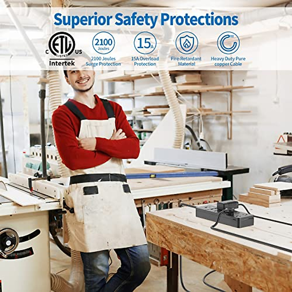 25 ft Extension Cord Flat Plug, NTONPOWER 8 Outlet Surge Protector Power Strip with USB Ports, 15A Circuit Breaker, Wall Mount Surge Protector for Home, Office, Workbench or Garage, ETL Listed, Black