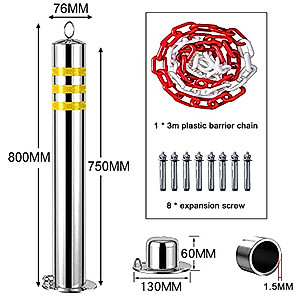 2 Pieces Parking Bollards Telescopic Stainless Steel Parking Space Lock with Reflective Padlock Parking Posts for Driveways 3m Plastic Chain