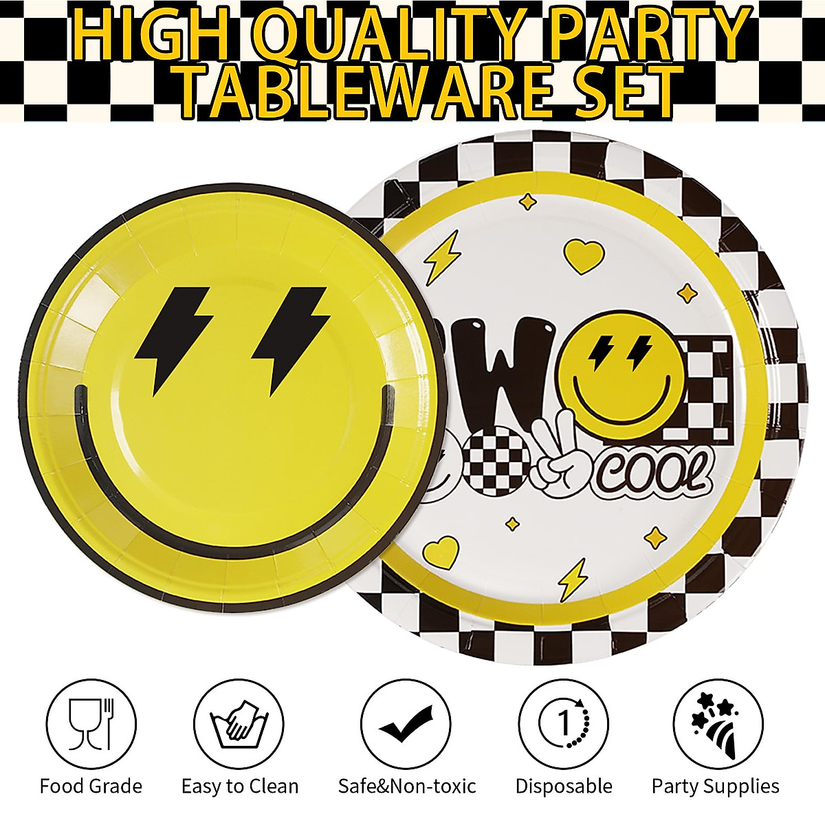 96 Pcs Two Cool Dude Birthday Party Decorations 350 GSM 2nd Birthday Party Supplies Tableware Set for Two Year Old Happy Dude Yellow Black Lightening Checkered Party Baby Shower Decor Serves 24 Guests