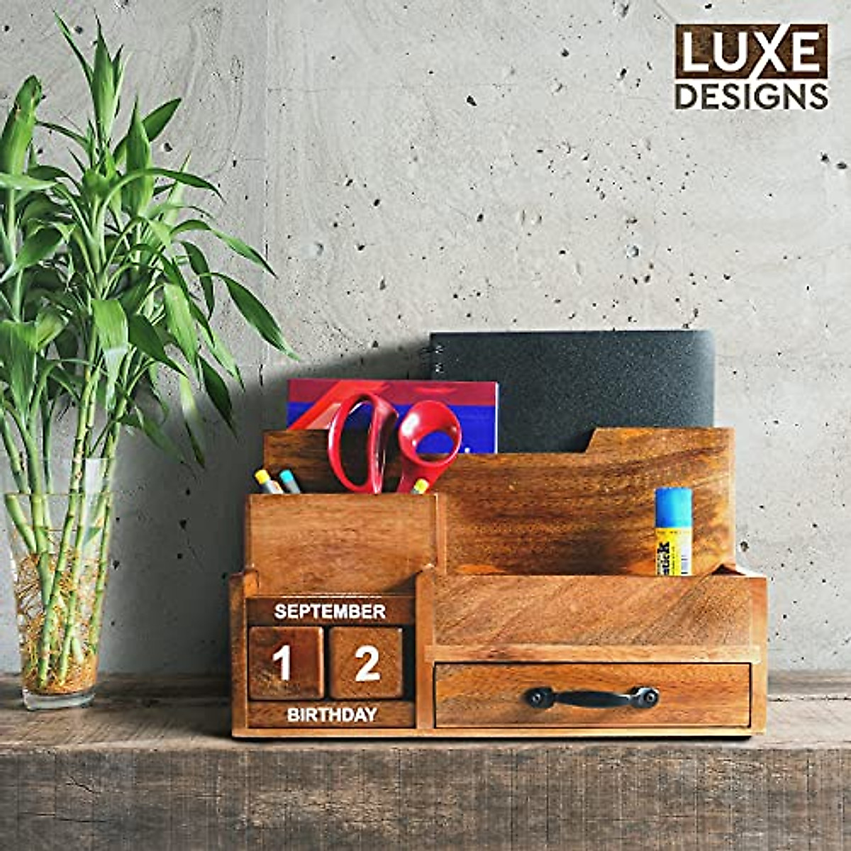 Wooden Desk Organizers for Home & Office – Large Rustic Mail Holder w/ Bonus Holiday & Date Blocks – Wooden Letter Organizer for Desk – Vintage Aesthetic Office Supplies – Natural Wood, 6” x 12” x 7”