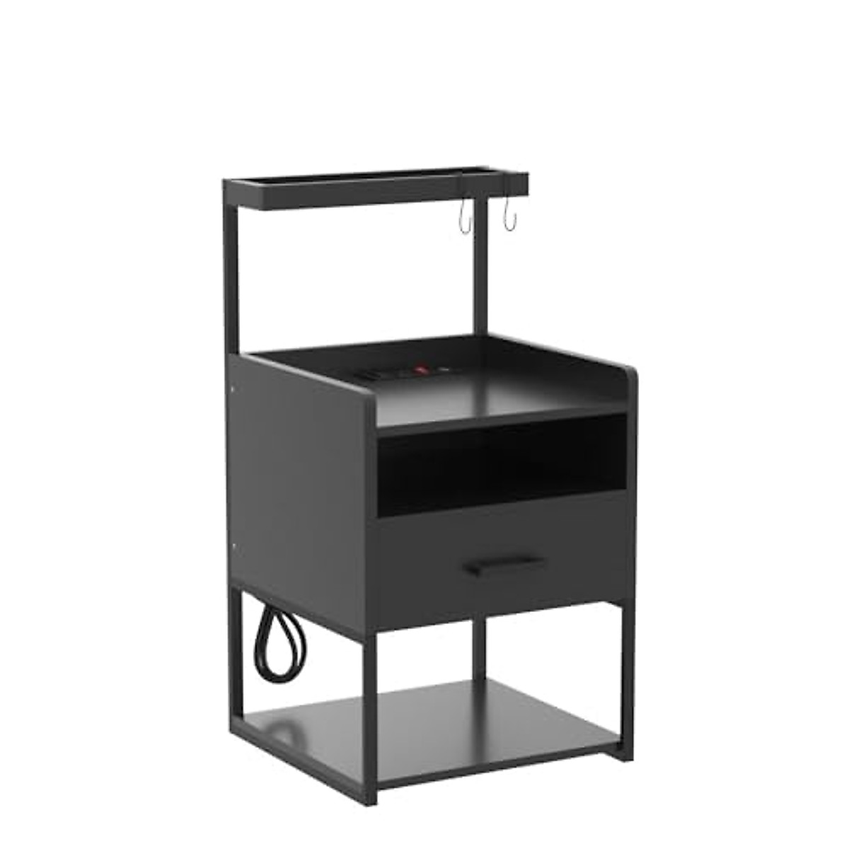 VIAGDO Nightstand with Charging Station and LED Lights, Black Night Stand with Drawer, Modern End Side Table with Open Storage Shelves, Bedside Tables for Bedroom, Office