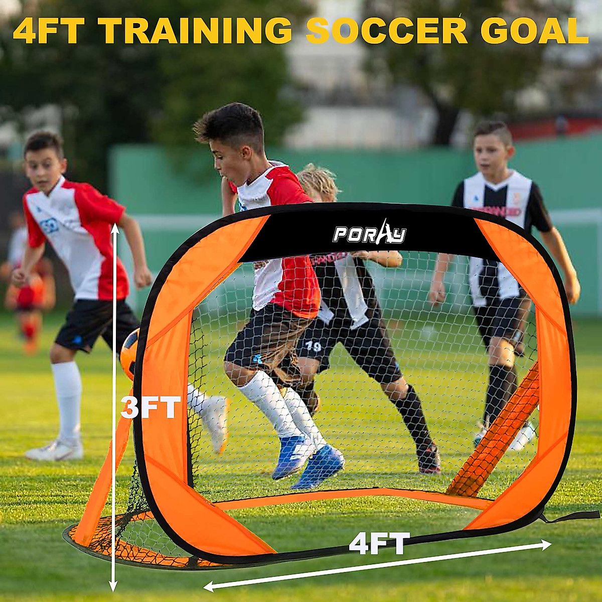 porayhut 4FT Pop Up Kids Soccer Goal and Ball Sets Portable Soccer Net for Training Easy Assembly with Compact Carrying Bag Gift Idea for Toddlers with Pump and 8 Stakes