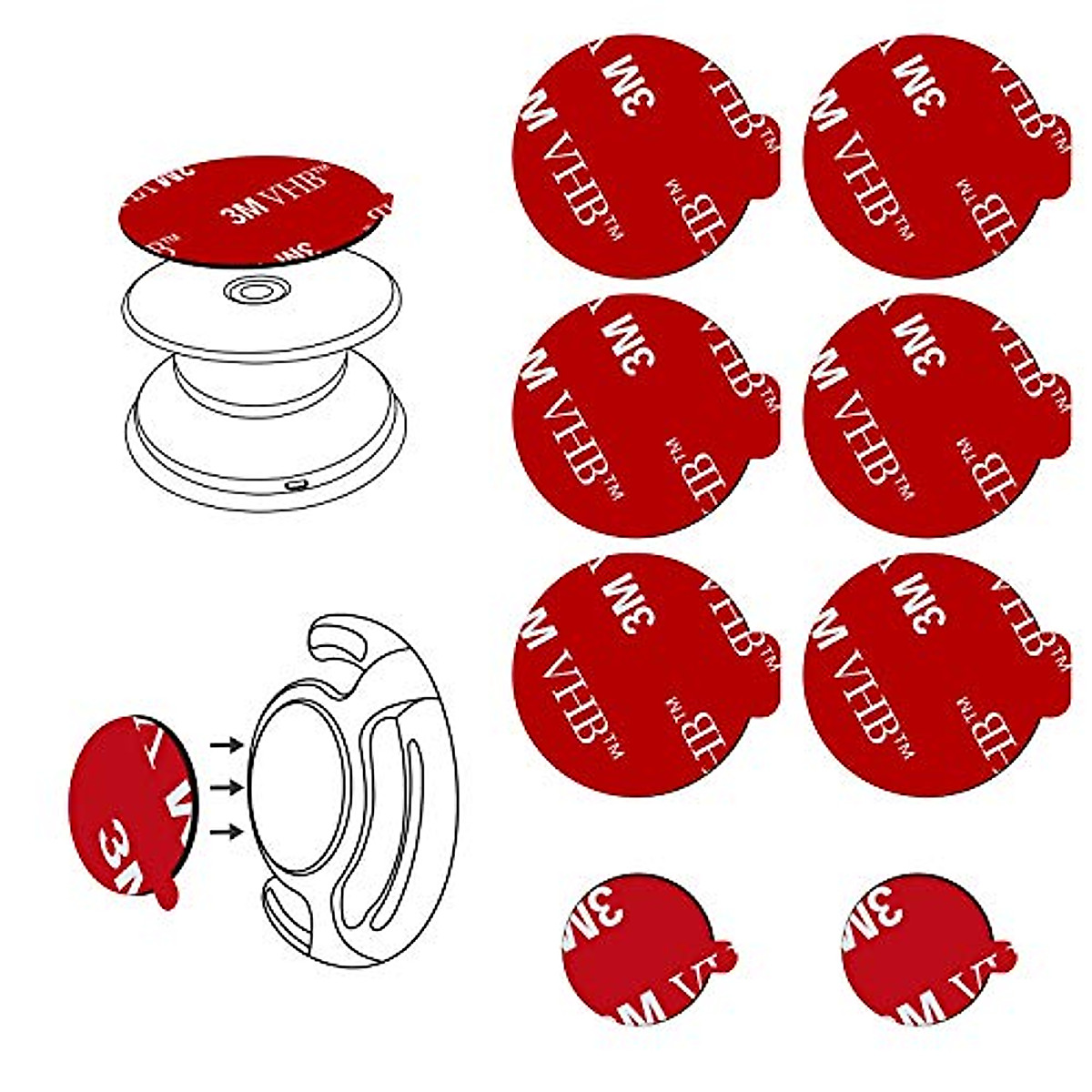 3M Sticky Adhesive Replacement Parts for Pops Socket Base, 6pcs 1.38 Circle Double Sided Tape for Collapsible Grip Stand's Back, 2pcs VHB Sticker Pads for Car Socket Mount & Cell Phone Magnetic Holder