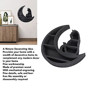 NYSUZHOUJI Cat Wooden Crystal Display Shelf, Black Wall Mounted Moon Crystals Display Shelf, Wall Mounted Floating Shelves for Crystals Stone, Essential Oil, Small Plant Art,Home Decor