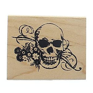 Inkadinkado Halloween Skull Skeleton with Flowers Wooden Rubber Stamp