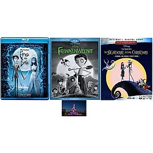 Tim Burton Animated Triple Feature Corpse Bride + Frankenweenie + Nightmare Before Christmas 3 Movie Blu Ray Bundle Disney with Magic Kingdom Art Card