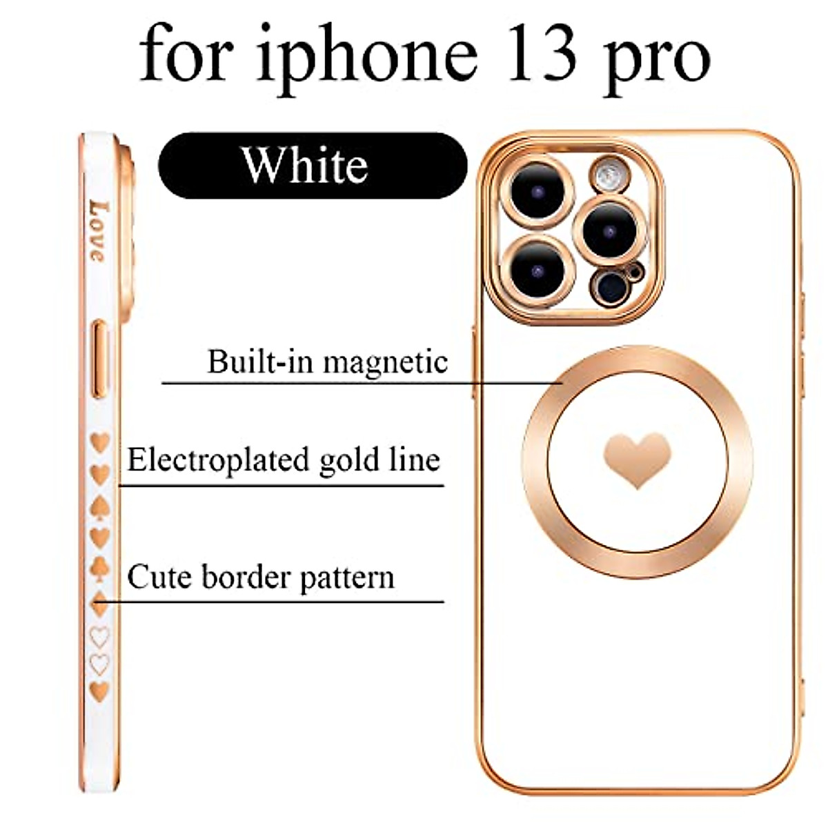 Weonmov for iPhone 13 Pro Case Compatible with MagSafe, Luxury Love Heart Soft Phone Case, Full Camera Lens Protection Magnetic Case for iPhone 13 Pro for Women Girls (6.1") - White
