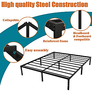 Caplisave Queen Bed Frame Metal Platform 18 Inch High Bed Frame Queen Size Heavy Duty Metal Slat Support, Underbed Storage Bed Frames, Easy Assembly, No Box Spring Needed