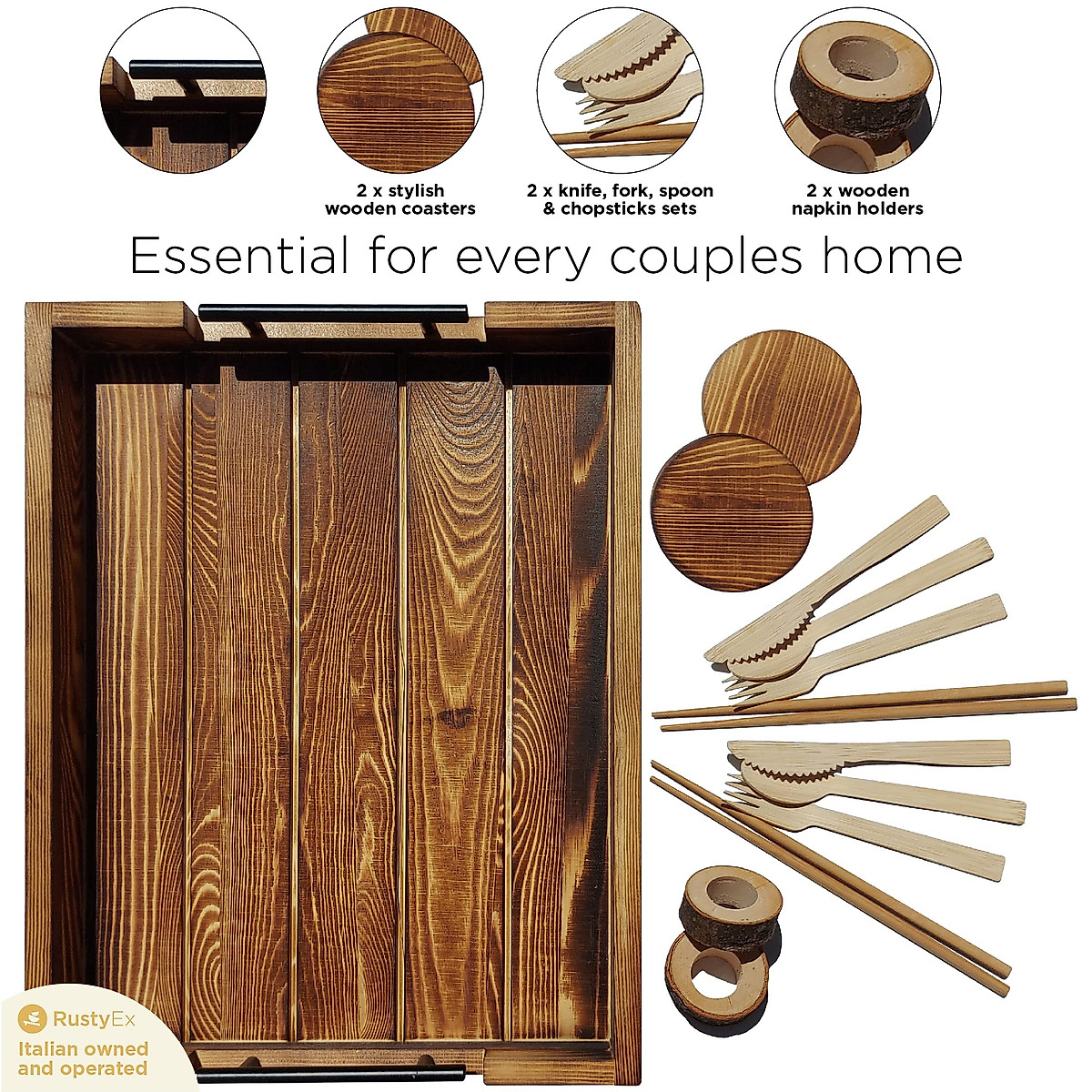 RustyEx Pine Wood Serving Tray - Metal Handles Rectangular Breakfast Tray 17x13x2 inches with Extra Bamboo Cutlery Sets, Rustic Coasters, Elegant Napkin Holders Good for Eating, Working, Storing