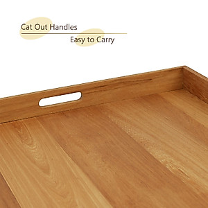 Rysowda Large Square Teak Wood Ottoman Tray with Handles - 24x24 Inch Wooden Decorative Serving Tray for Coffee Table and Home Decor