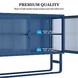 Double Glass Door Storage Cabinet, Retro Style Sideboard Buffet Cabinet with U-Shaped Leg Cold-Rolled Steel Cupboard Console Table with Adjustable Shelf for Living Room Dining Room Kitchen, Blue