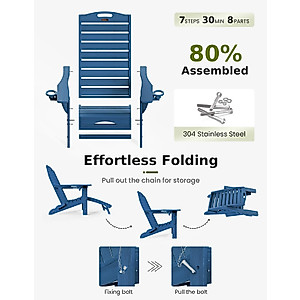 Ciokea Folding Adirondack Chair with Retractable Ottoman Fire Pit Patio Chair with Pull Out Foot Rest Weather Resistant Lawn Outdoor Lounge Chair with 2 Cup Holder (Navy Blue)