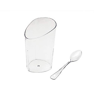 Open Cut Slanted Round Dessert Cups - 3 ounce - 40 Count - Spoons Included - Clear Plastic - Slanted Cylinder Mini Dessert Cup - Appetizer Cup - Tasting Glass-Sample Shot Glass -Disposable or Reusable