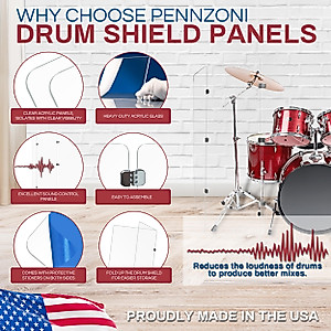 PENNZONI Drum Shield 5ft w/Chrome Hinges, Comes w/ 5 Drum Panels, & Chrome Hinges, Premium Clear Acrylic Panels, Drum Screen