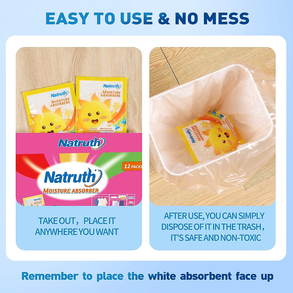 NATRUTH 12-PACK Moisture Absorber Bags with Lavender, Drawer Dehumidifier Home Desiccant Small Bag Use for medicine boxes, underwear boxes, Eliminates Odors, Closet Dehumidifier Bags for Small spaces