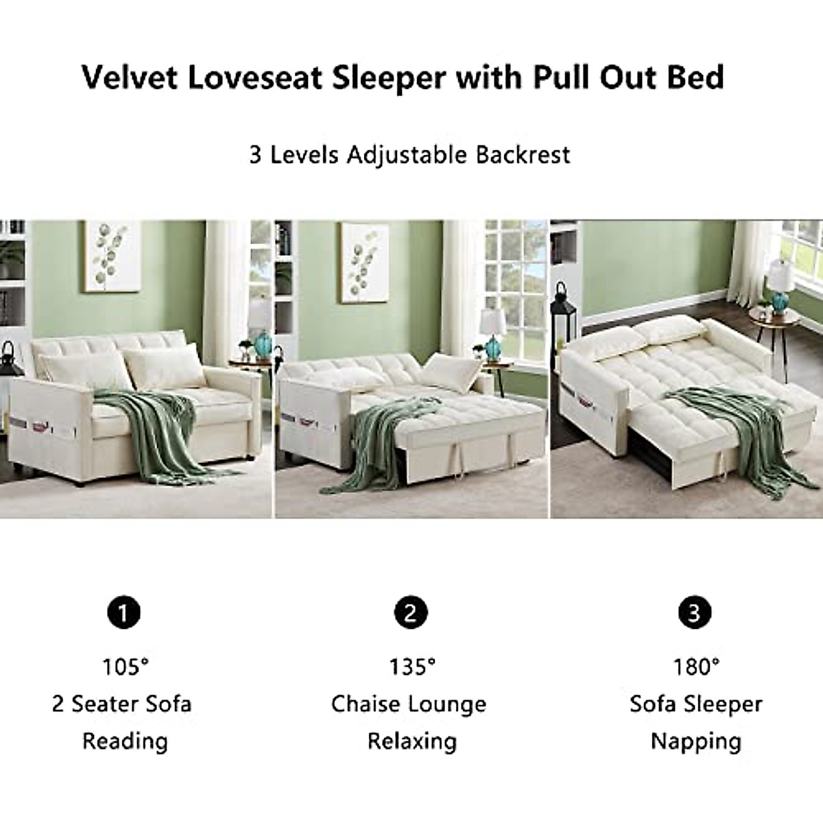 Aoowow 58 Inch Convertible Sleeper Sofa, Velvet Loveseat Sleeper Pull Out Sofa Bed Convertible Loveseat with Adjustable Backrest, 2 Pillows and Side Pockets for Living Room Small Spaces (Beige)