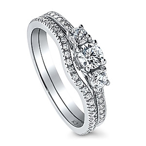 BERRICLE Sterling Silver 3-Stone Wedding Engagement Rings Round Cubic Zirconia CZ Ring Set for Women, Rhodium Plated Size 5