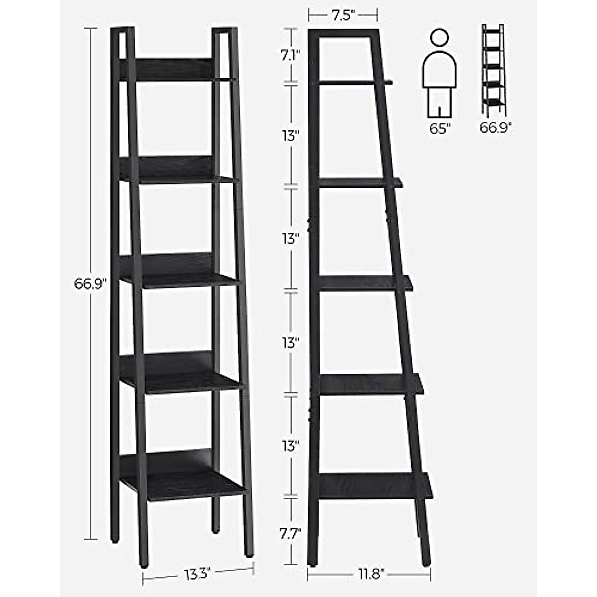 VASAGLE Bookshelf, 5-Tier Narrow Book Shelf, Ladder Shelf for Home Office, Living Room, Bedroom, Kitchen, Black with Wood Grain ULLS109B56