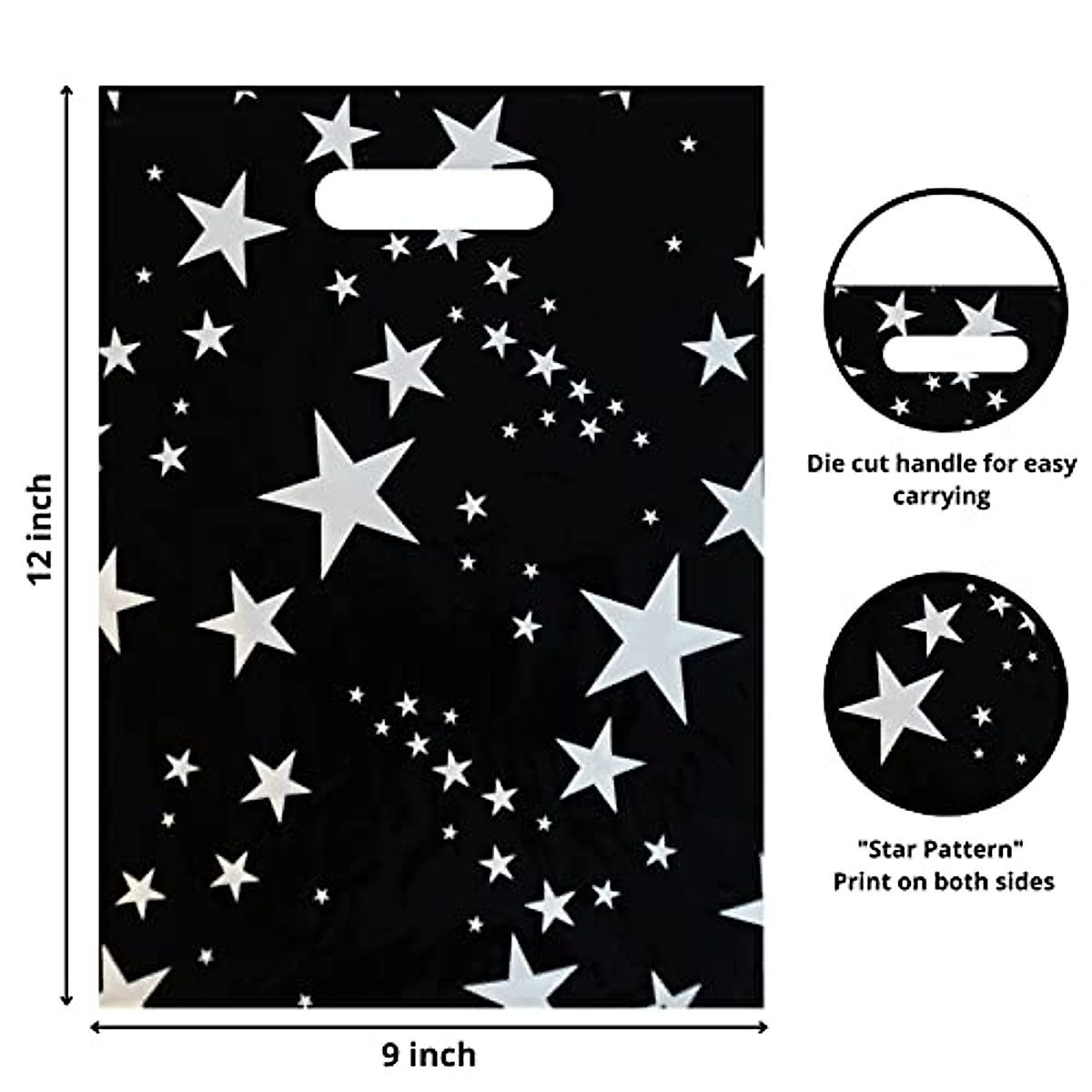 InfinitePack Large 9"x12"(100pcs) Silver Stars Printed on Black Thank You Merchandise Bags , Die Cut Handles, Retail Shopping Bags for Boutique, Goodie Bags, Gift Bags Bulk, 9"x12",100 Pack