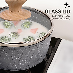 SUPEER 2-Quart Pot with Glass Lid&Wooden Handle,Soup Pan Milk Pan,Non-Stick Cookware for Electric,Induction and Gas Stoves.PFOA Free,Dark Gray