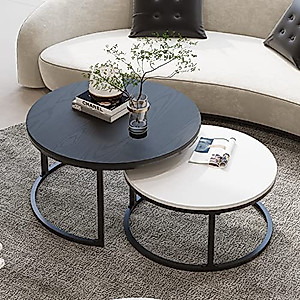 WiberWi Round Coffee Table, Nesting Tables Set of 2, Large : Ø 34.0", Small : Ø 26.0", Modern Design Furniture Side End Table for Living Room, Metal Frame Sofa Table Cocktail Table, Black & White