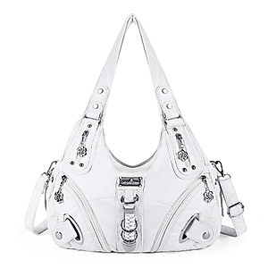 Angelkiss Women Multiple Pockets Purses and Handbags Washed Leather, Two Top Zippers Closure, White