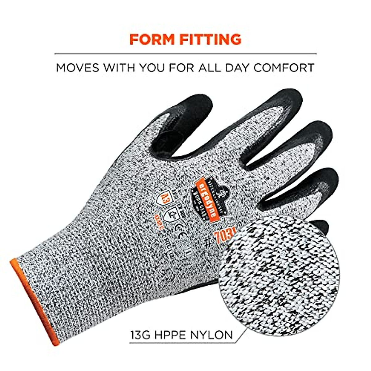 Ergodyne Nitrile Coated Work Gloves, Cut Resistant Level A3, Grip For Wet or Dry Enviroments, Ergodyne ProFlex 7031,Gray,Medium