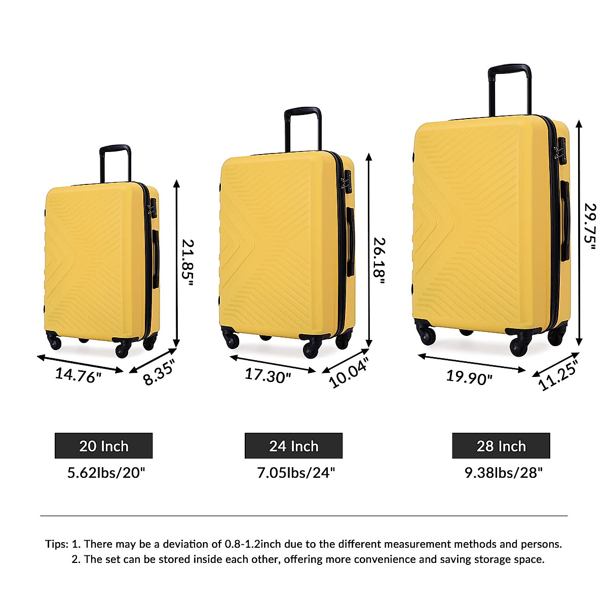 Tripcomp Luggage Sets Wear-Resistance Hardside Lightweight Suitcase Double Spinner Wheels, TSA Lock,Two Hooks, Scratch-resistant Carry-on, 3 Piece Set(20/24/28) (Bright yellow)