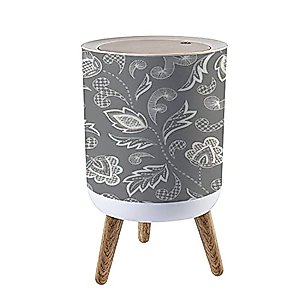 Trash Can with Lid Crewel Embroidery Floral Lace Needlework Seamless Hand Drawn Wood Small Garbage Bin Waste Bin for Kitchen Bathroom Bedroom Press Cover Wastebasket 7L/1.8 Gallon