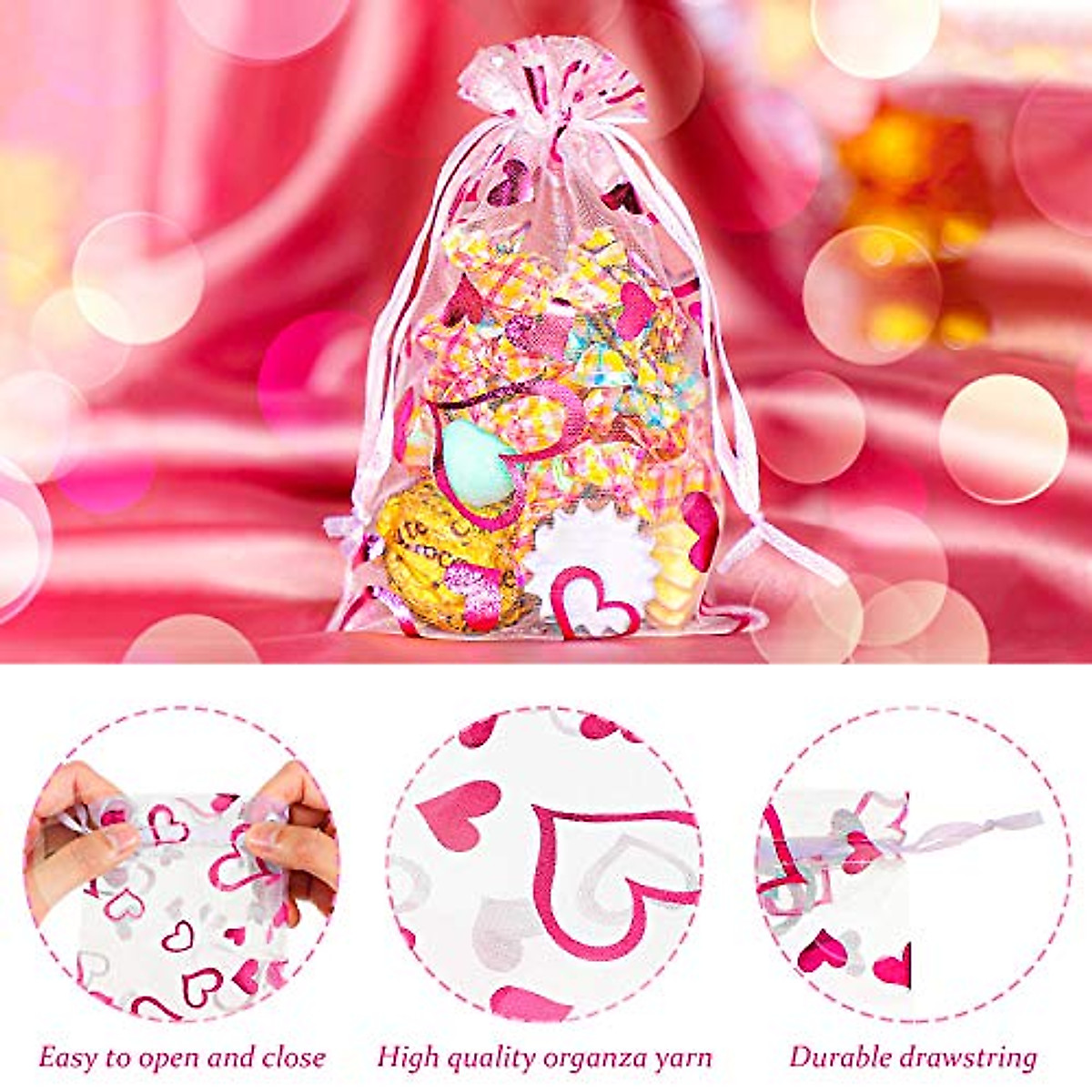 Shappy 100 Pieces Heart Organza Bags with Drawstring Jewelry Pouch Bags Candy Cookies Packaging Bags for Mother's Day Birthday Wedding Festival Party Favor Supply (Red, Rose Red,2.8 x 3.5 Inch)