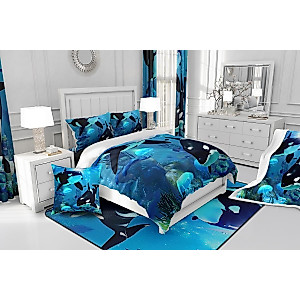 Teal Ocean Whale Comforter Cover Jellyfish Killer Whale Bedding Sets The Underwater World Duvet Cover Set Orcinus Orcas Deep Sea Animals Marine Life Bedspreads Cover With 2 Pillow Cases Full Size