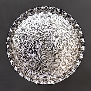 Alisveristime Turkish Ottoman Coffee Tea Serving Tray – 11.8 Inches, Wavy Zamac Tray with Traditional Motifs, Available in Five Color Variations (Silver)