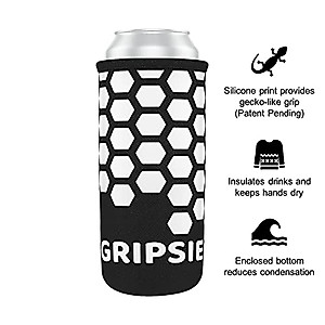 GRIPSIE 16oz Can Sleeves with Non-Slip Grip (4-Pack) Insulated Neoprene, Scuba Knit Polyester Fabric, Silicone Print Coolers for 16 Ounce Energy Drink and Beer Cans (Multicolor)