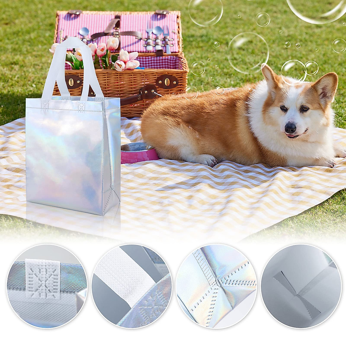 ISUSSER 24 Pack Holographic Gift Bags With White Handles Non Woven Reusable Handled Gift Bags Iridescent Tote Bags Glossy Welcome Bags for Shopping Birthday Party Wedding, 8 x 4 x 10 Inch