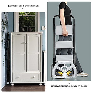 3 Step Ladder & Folding Hand Truck,One Step Folding into a 3 Step Stool with Wide Anti-Slip Pedal and Cushioned Handle,One Unfolding into a 2 in 1 Aluminum Dolly Cart for Moving Luggages Goods