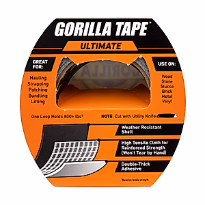 Gorilla Ultimate Tape, High Tensile Cloth with Double-Thick Adhesive for Hauling, Strapping, Patching, Bundling, Lifting, 1.88" x 20yd, Black (Pack of 1)