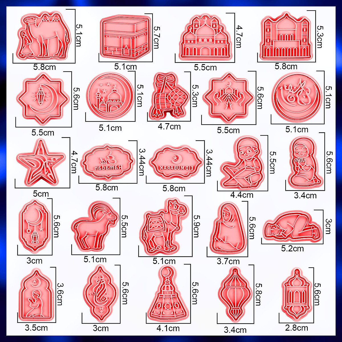 24 Pcs 3D Plastic Eid Mubarak Cookie Cutter Set Plunger Stamp Islamic Muslim Cookie Cutters Pink Baking Ramadan Gift Mosque Lantern Moon Embossed Fondant Mold Islamic Star Camel Biscuit Cutters