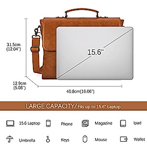 Leather Messenger Bag for Men 15.6 Inch Waterproof Laptop Briefcase Large Leather Satchel Laptop Messenger Bag Vintage Shoulder Bag Office Travel Business Computer Bag Brown