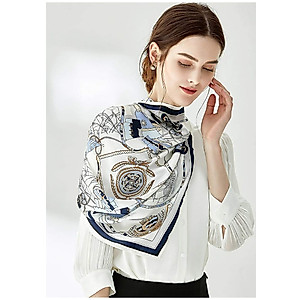 ANDANTINO 100% Pure Mulberry Silk Scarf 35" Large Square Lightweight Headscarf –Women’s Hair Wraps-With Gift Packed (Navy Blue&White)
