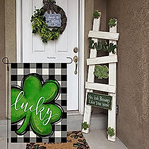 CROWNED BEAUTY St Patricks Day Garden Flag 12x18 Inch Double Sided for Outside Small Burlap Green Shamrock Lucky Black White Buffalo Plaid Yard Holiday Flag CF737-12
