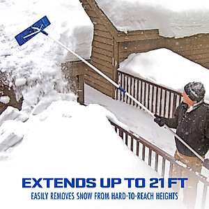 Snow Joe RJ204M 21' Twist-n-Lock Telescoping Snow Shovel Roof Rake with 6" by 25" Poly Blade, 25 inches, Blue