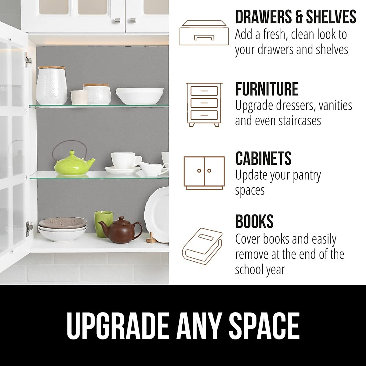 Gorilla Grip Stick Adhesive Removable Liner and Ribbed Drawer Liner, Adhesive Liner Size 11.8x20, Contact Liner for Book Covers, Ribbed Liner Size 17.5x20, Desk Storage, Both in Gray, 2 Item Bundle