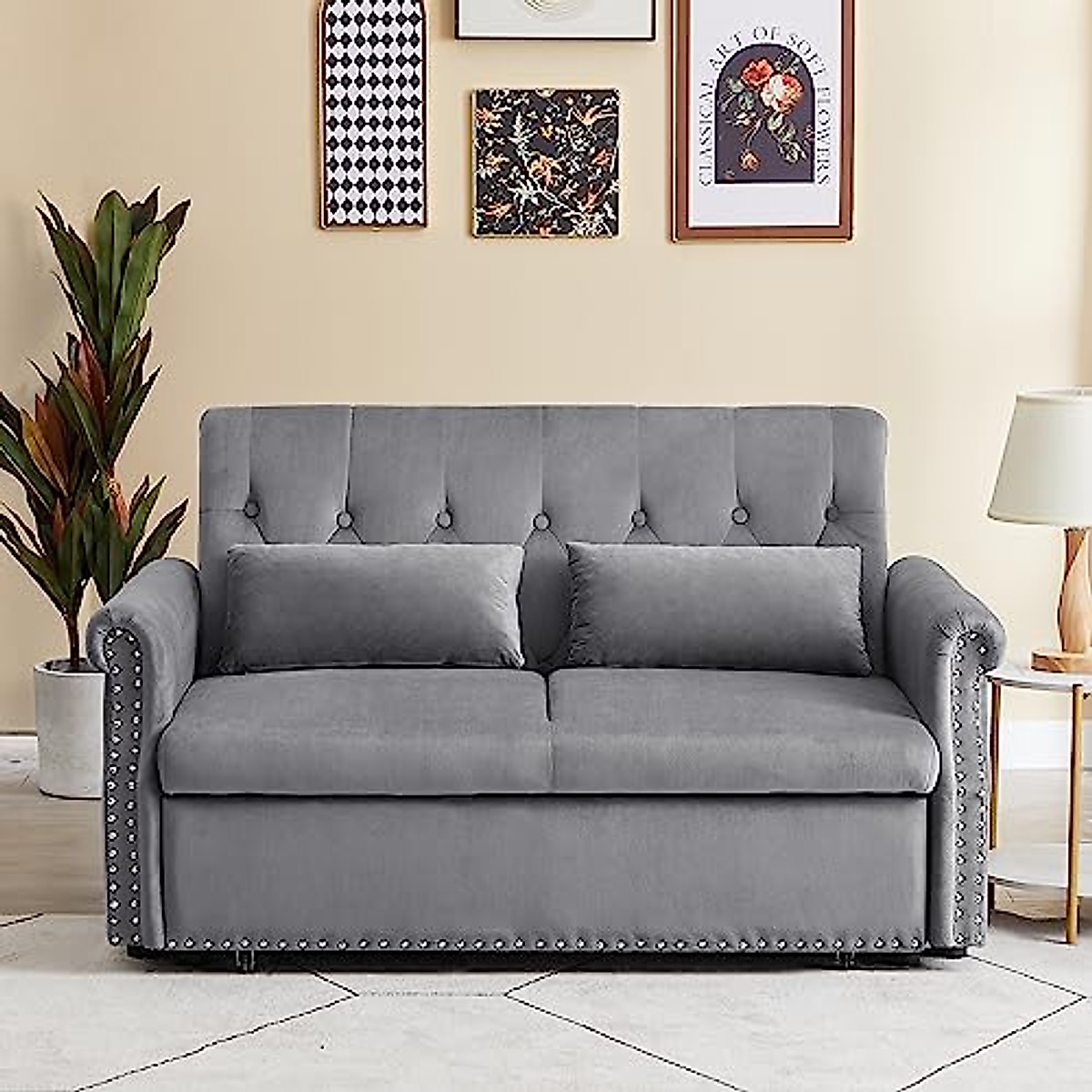 Convertible Sleeper Sofa Pull Out Couch, Modern Velvet Upholstered 3-in-1 Loveseat with Reclining Adjustable Backrest &Removable Armrest ,Button Tufted Small Sofa & Couches for Apartment Living Room