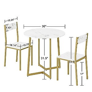 Masupu Small Round Dining Table Set for 2, Wood Marbled Tabletop with Steel Frame, Modern Dinette with Chairs for Kitchen Breakfast Nook Living Room, White and Gold